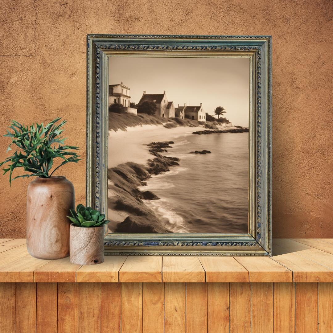 Sepia Landscape Digital Poster, Ocean Poster, Traditional Houses Wall ...