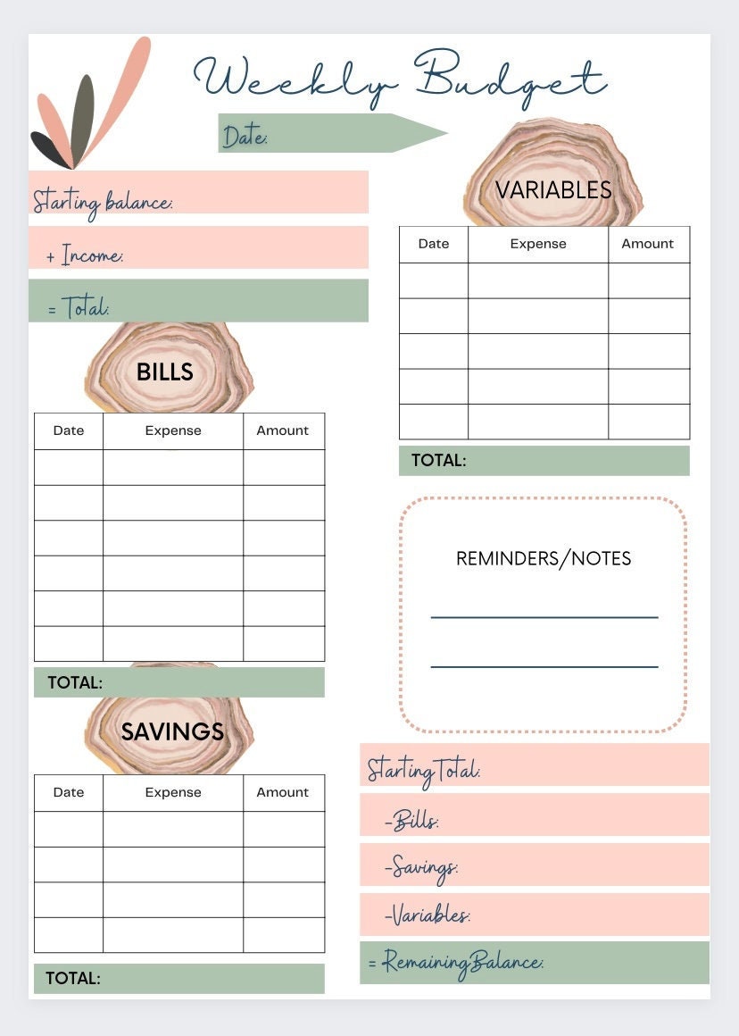 Printable Weekly Budget Sheet PDF - Etsy