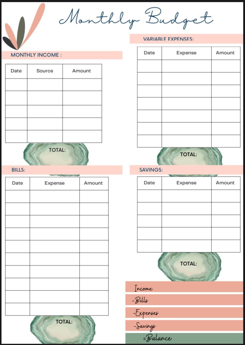 Printable Monthly Budget Sheet PDF - Etsy