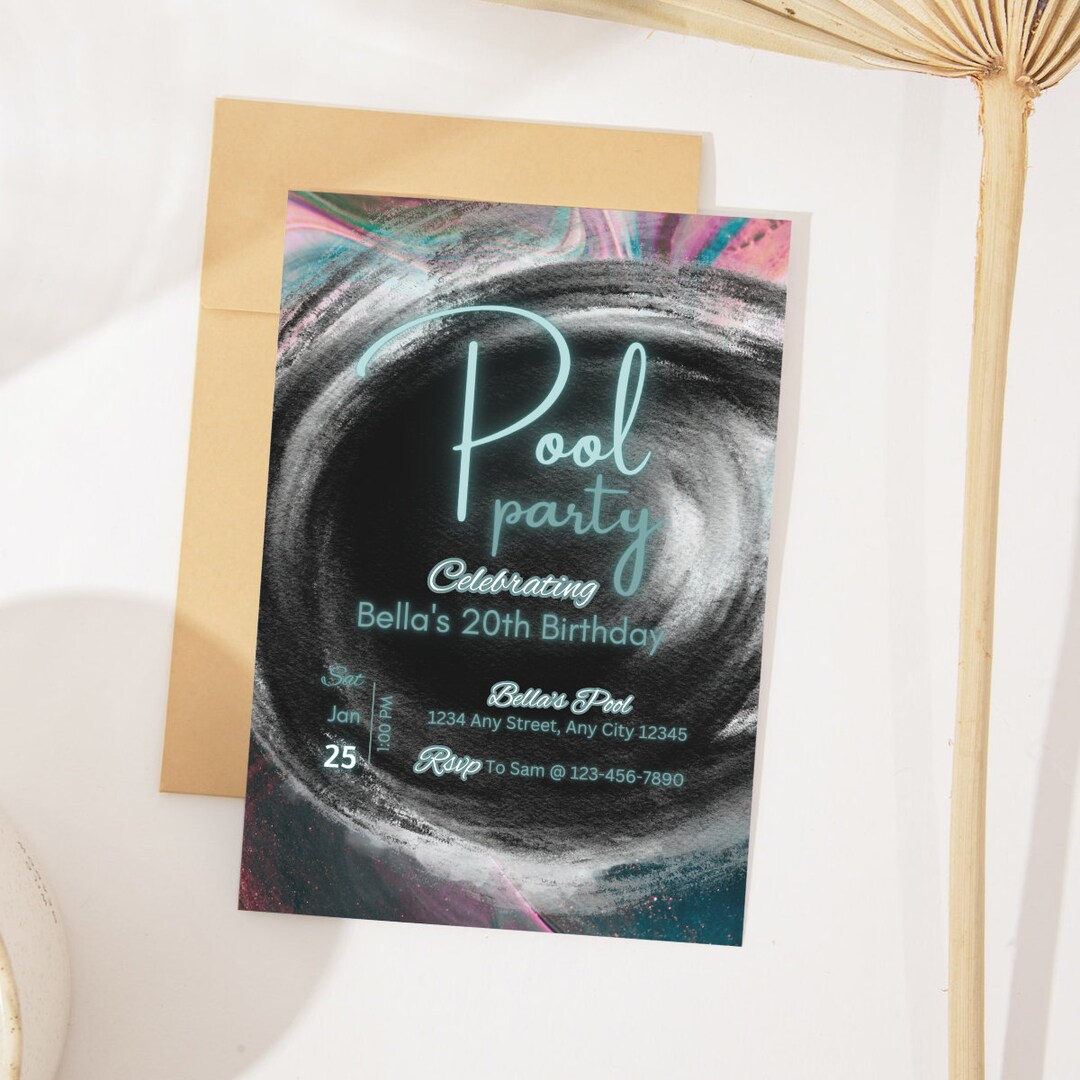 Customizable Pool Party Birthday Invitation: Pink, Black, Blue (digital ...