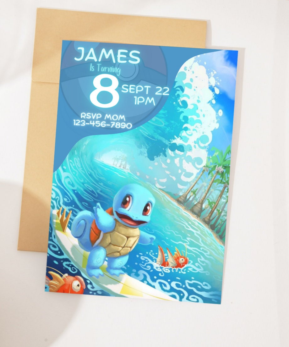 Pokemon Surf Party Birthday Invitation | Squirtle Pool Party Invitation ...