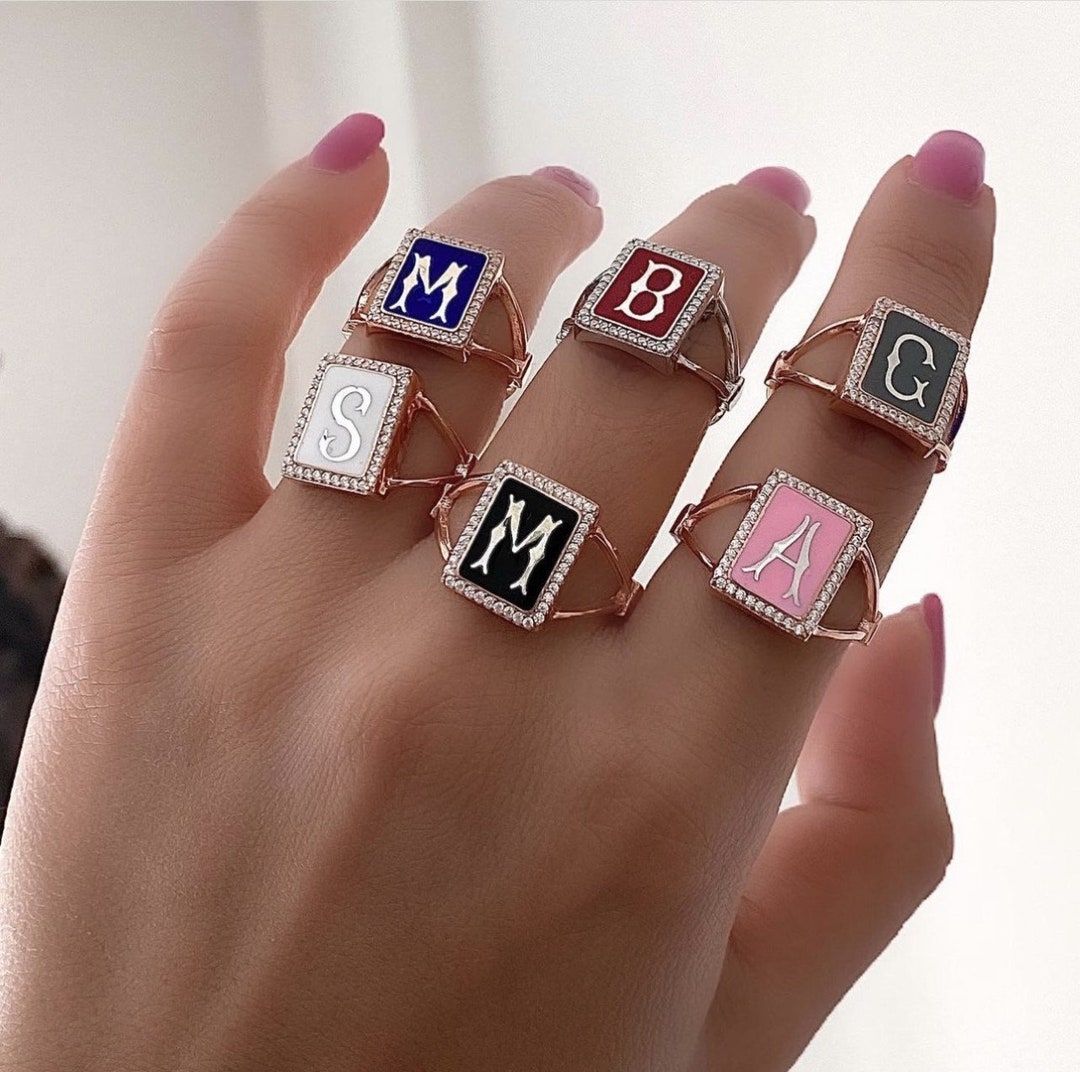 Colorful Enamel Initial Letter Rings/ Custom Letter Ring/ Alphabet Ring ...