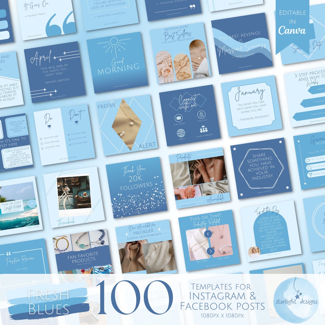 100 Blue Instagram Post Templates Social Media Feed Content - Etsy