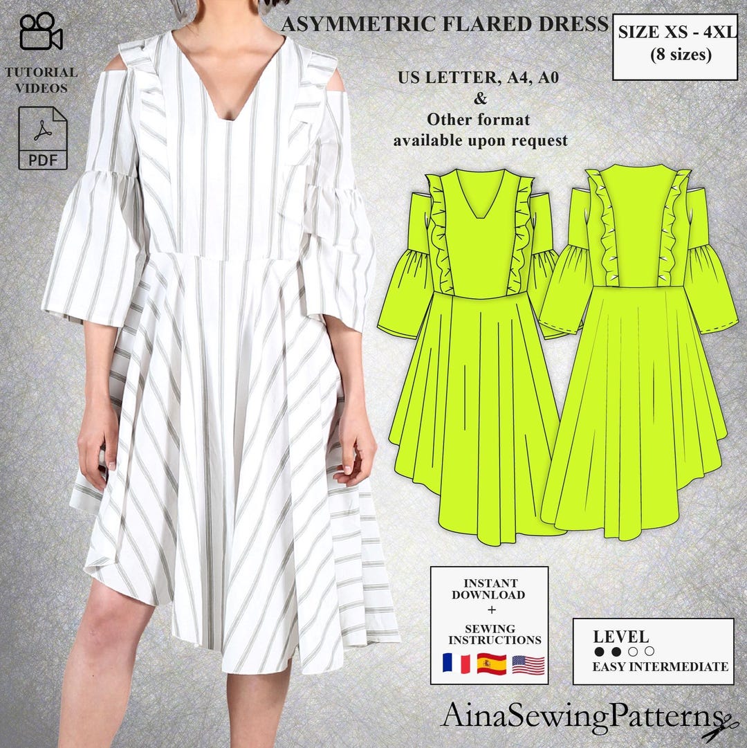 Summer Dress Sewing Pattern | Asymmetrical Dress Pattern | Flared Dress ...