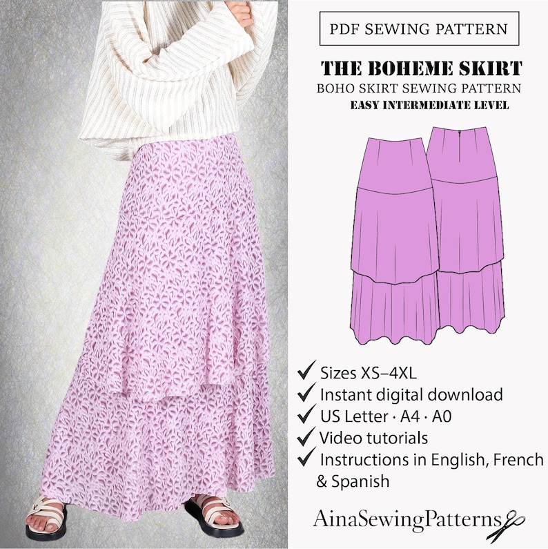 Skirt PDF Sewing Pattern | Long Boho Skirt Pattern | Tiered Ruffle ...
