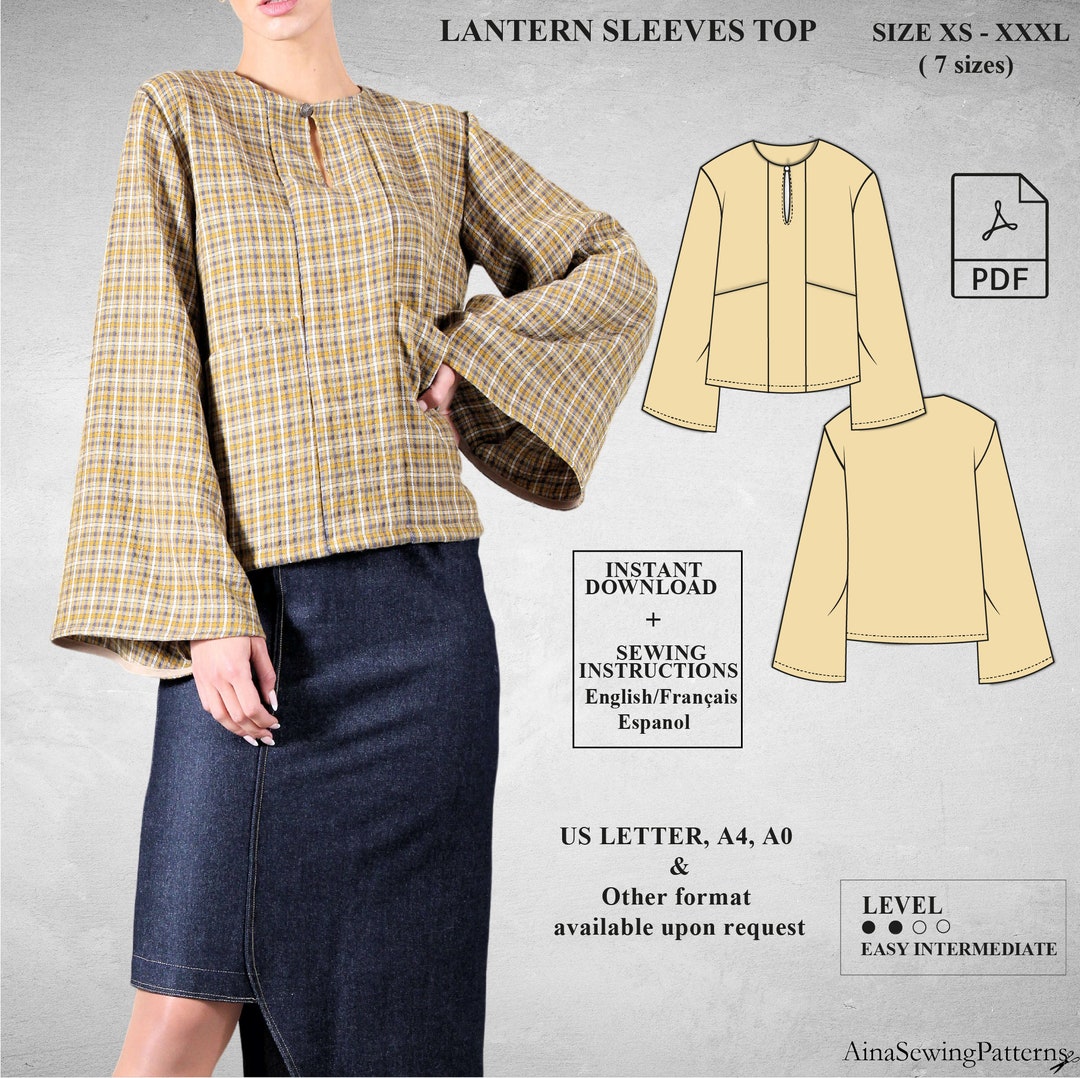 Top Sewing Pattern | Long Sleeve Top Pattern | Blouse Sewing Pattern | Lantern Sleeve Pattern ...