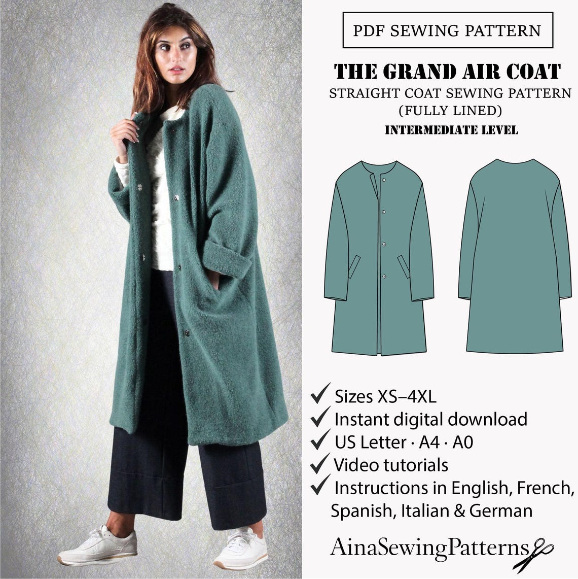 Women Coat Pattern | Winter Coat Pattern | Long Coat Sewing Pattern ...