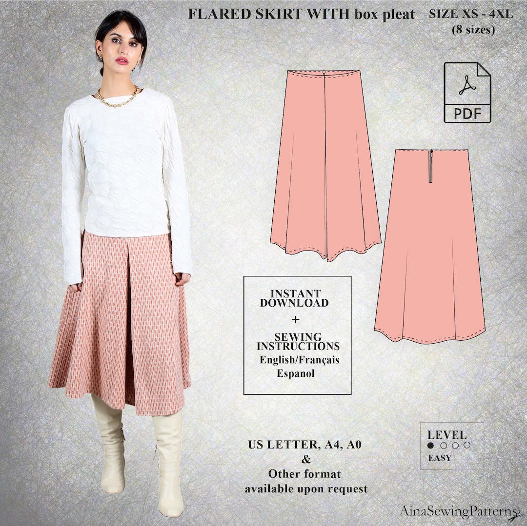 Box Pleat Skirt Sewing Pattern Flared Skirt Pattern Midi Skirt Sewing ...