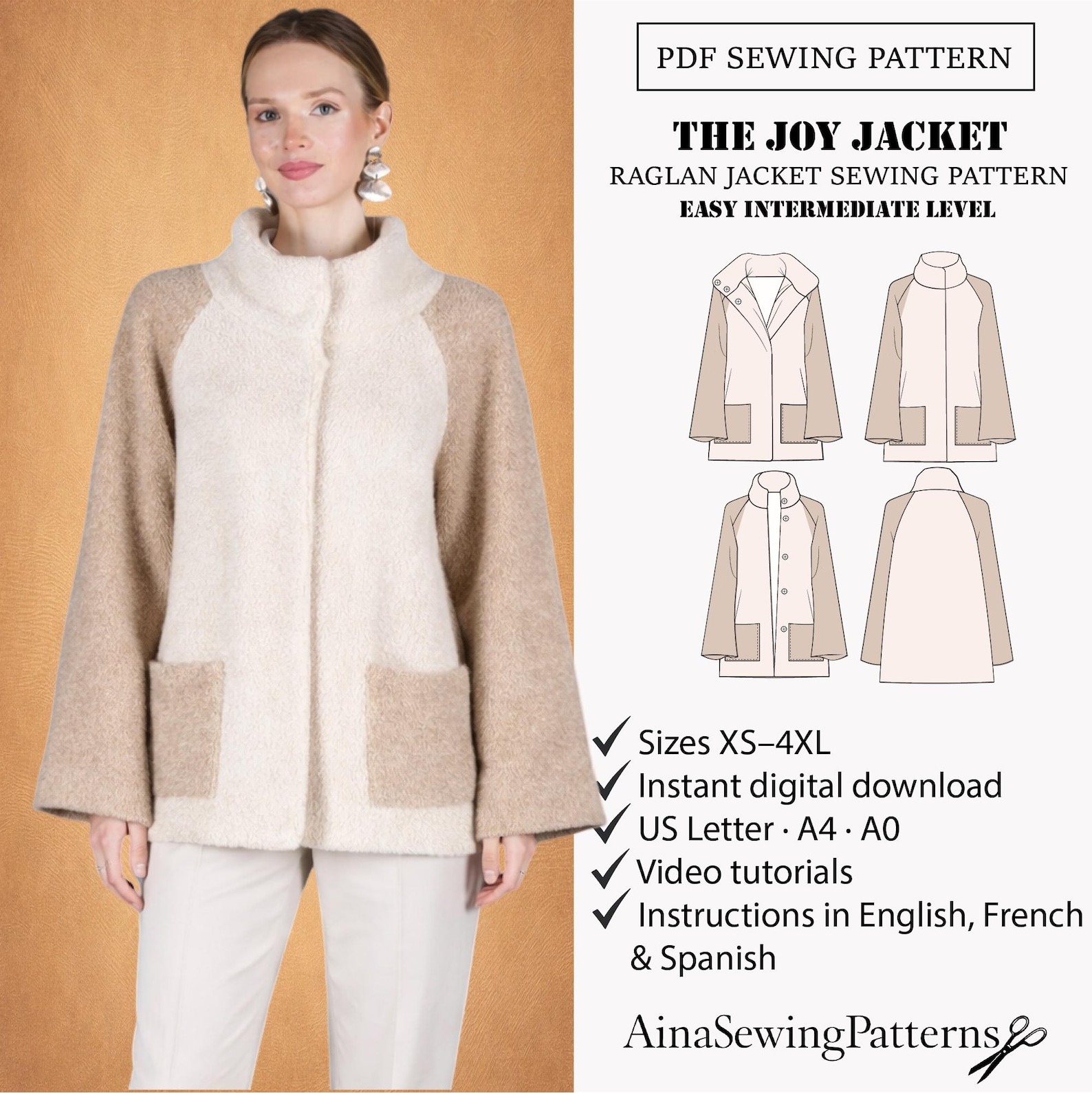 Women Jacket Pattern | Winter Coat Pattern | Raglan Coat Sewing Pattern ...