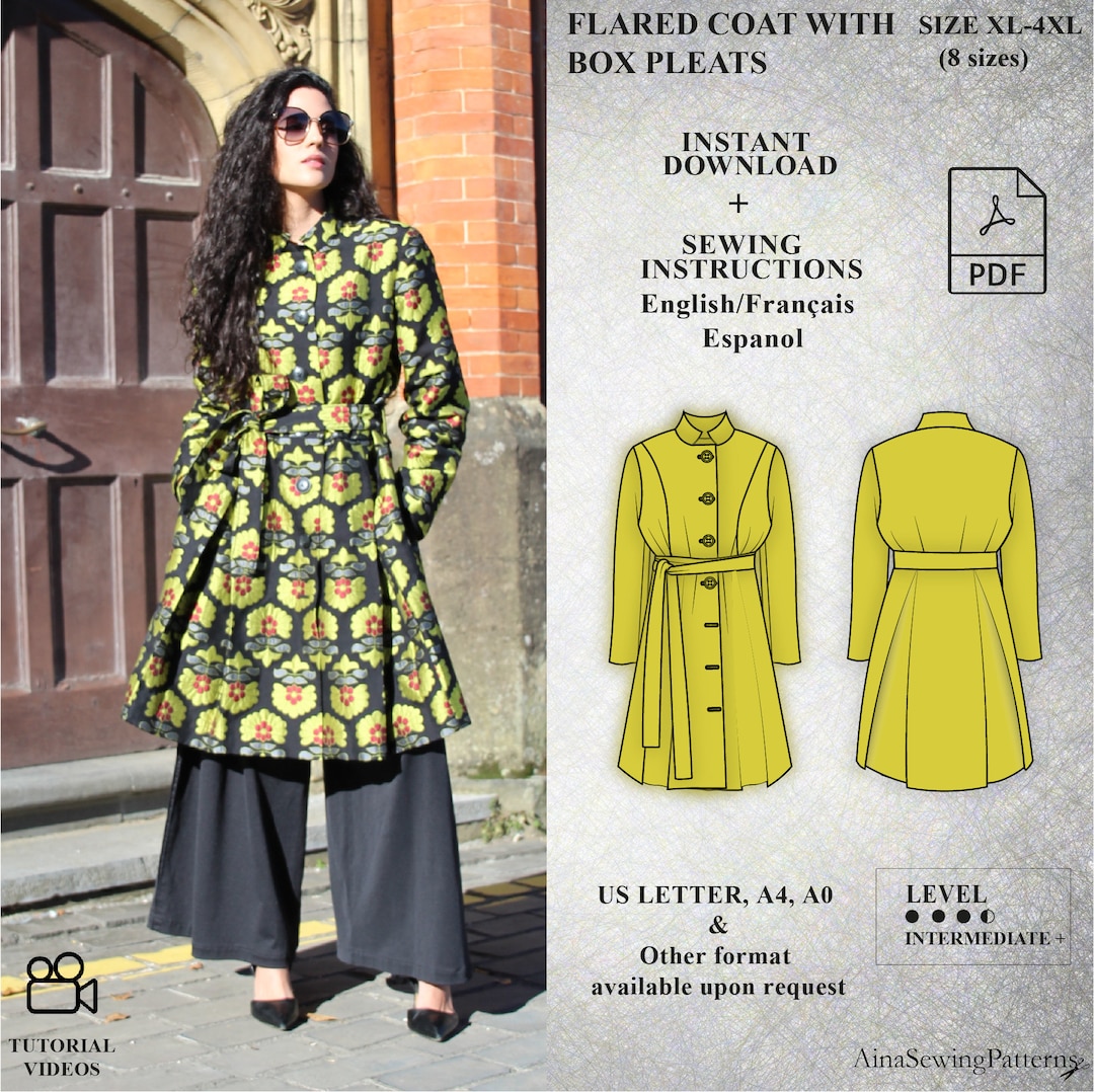 Flared Coat Pattern Box Pleats Coat Pattern Long Coat Sewing Pattern ...
