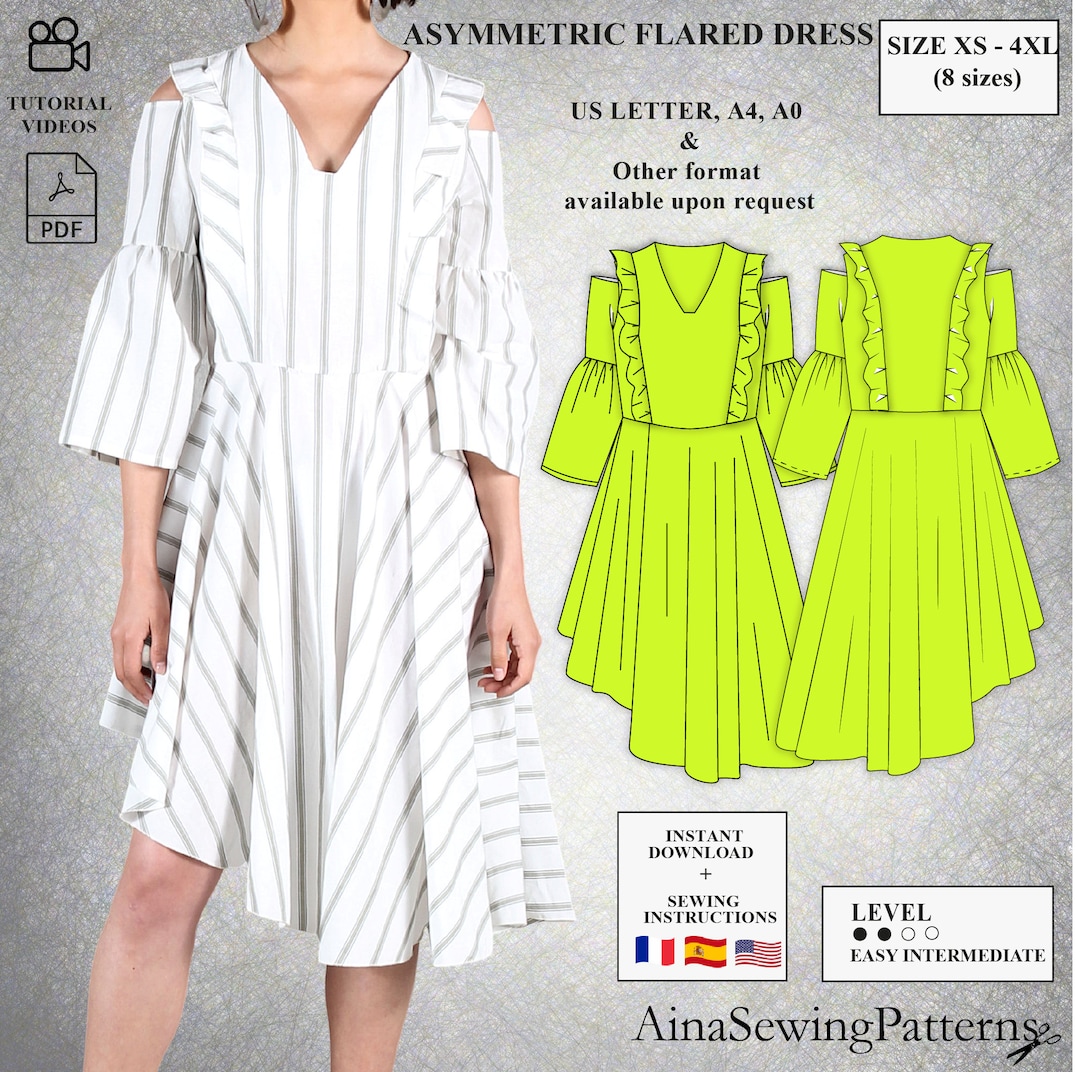 Summer Dress Sewing Pattern | Asymmetrical Flared Dress Pattern | Women ...