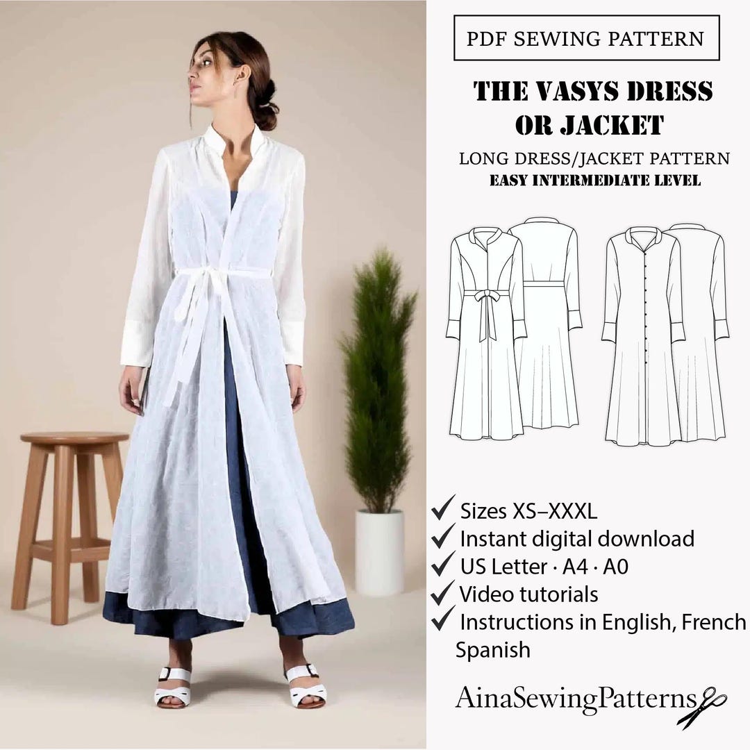 Long Jacket Sewing Pattern PDF | Shirt Jacket Pattern | Flared Coat ...