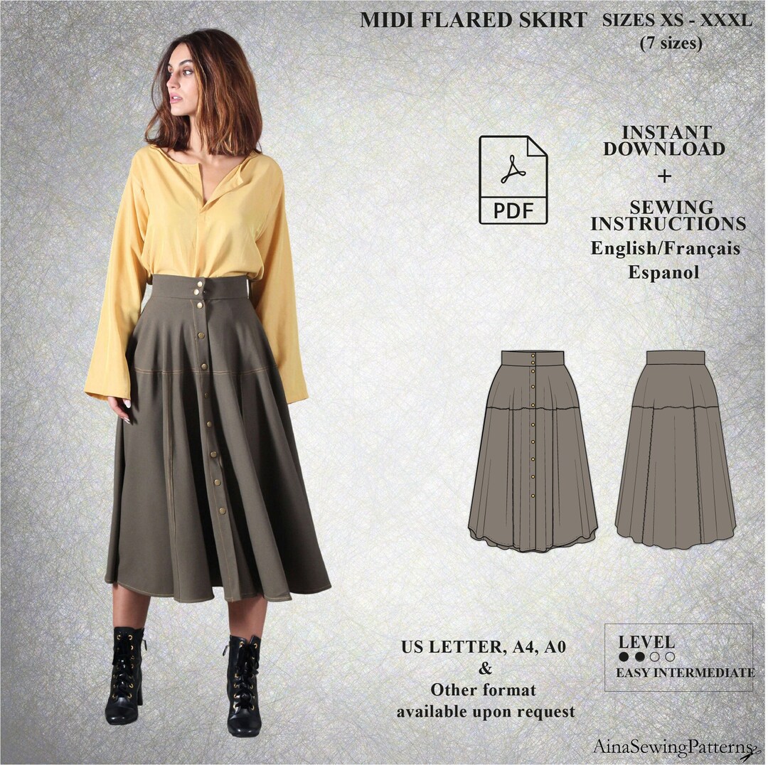 Flared Skirt Sewing Pattern Button Skirt Sewing Pattern Circle Skirt Sewing Pattern Midi Skirt ...