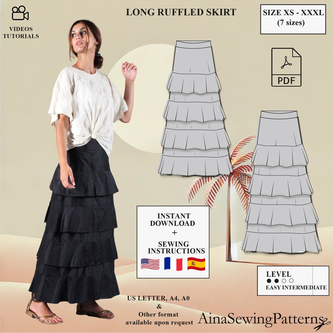 Ruffle Skirt Sewing Pattern Long Skirt Sewing Pattern Easy Skirt Sewing ...
