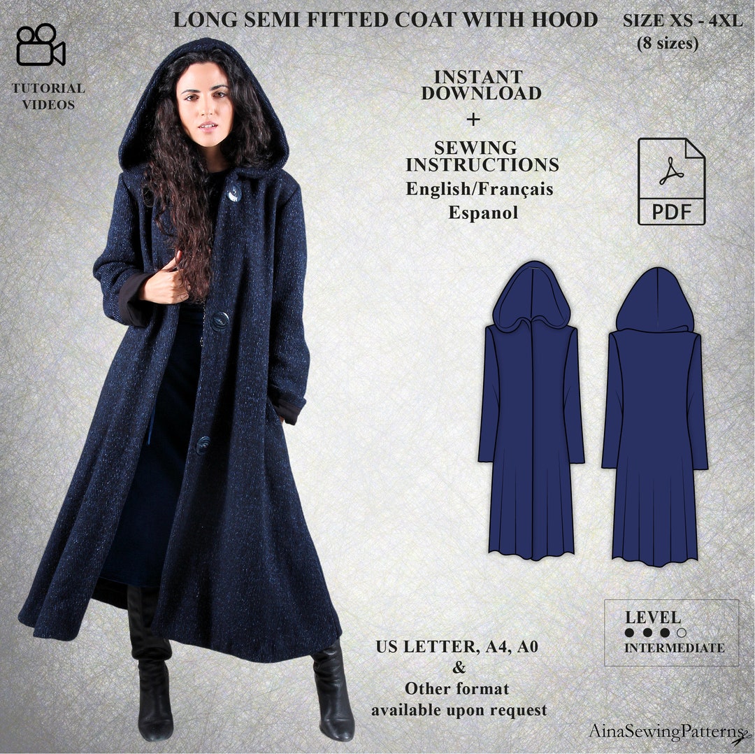 Hooded Coat Pattern Winter Coat Pattern Long Coat Sewing Pattern Flared ...