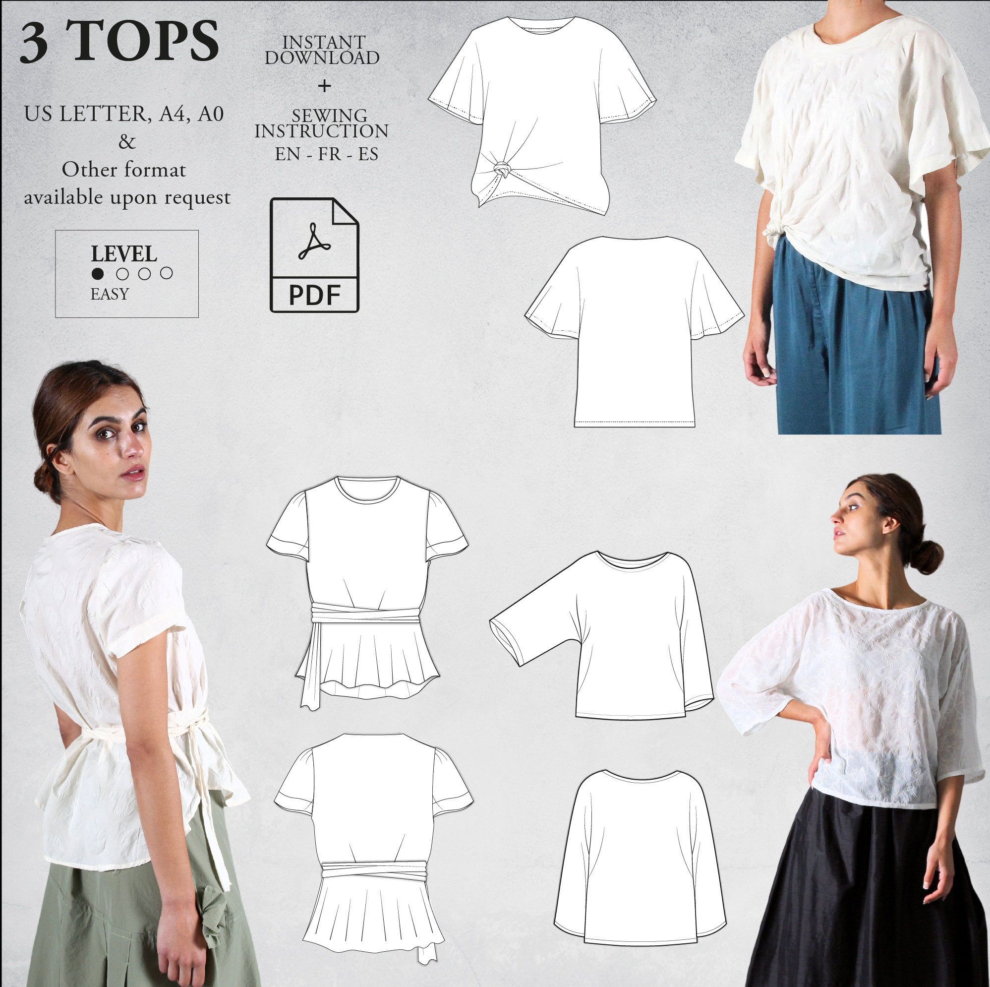 Bundle of PDF Sewing Patterns Top Sewing Pattern Blouse Sewing Pattern ...