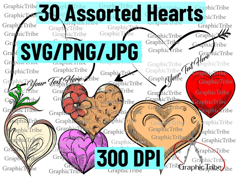 30 Cartoon Heart Vector SVG and PNG Clipart Bundle, Valentine Love SVG ...
