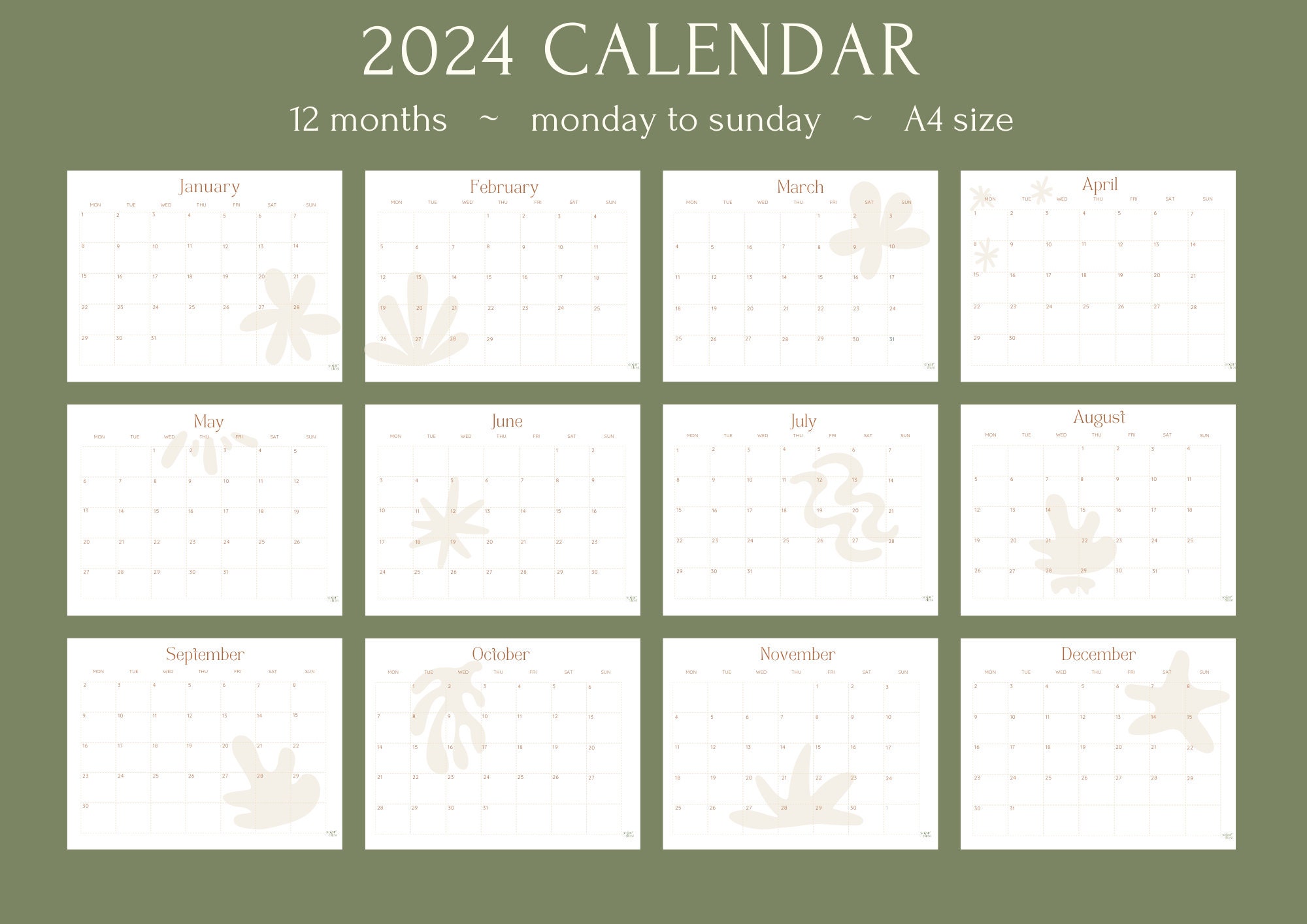 Printable Aesthetic 2024 Calendar PDF Monthly Calendar Planner ...