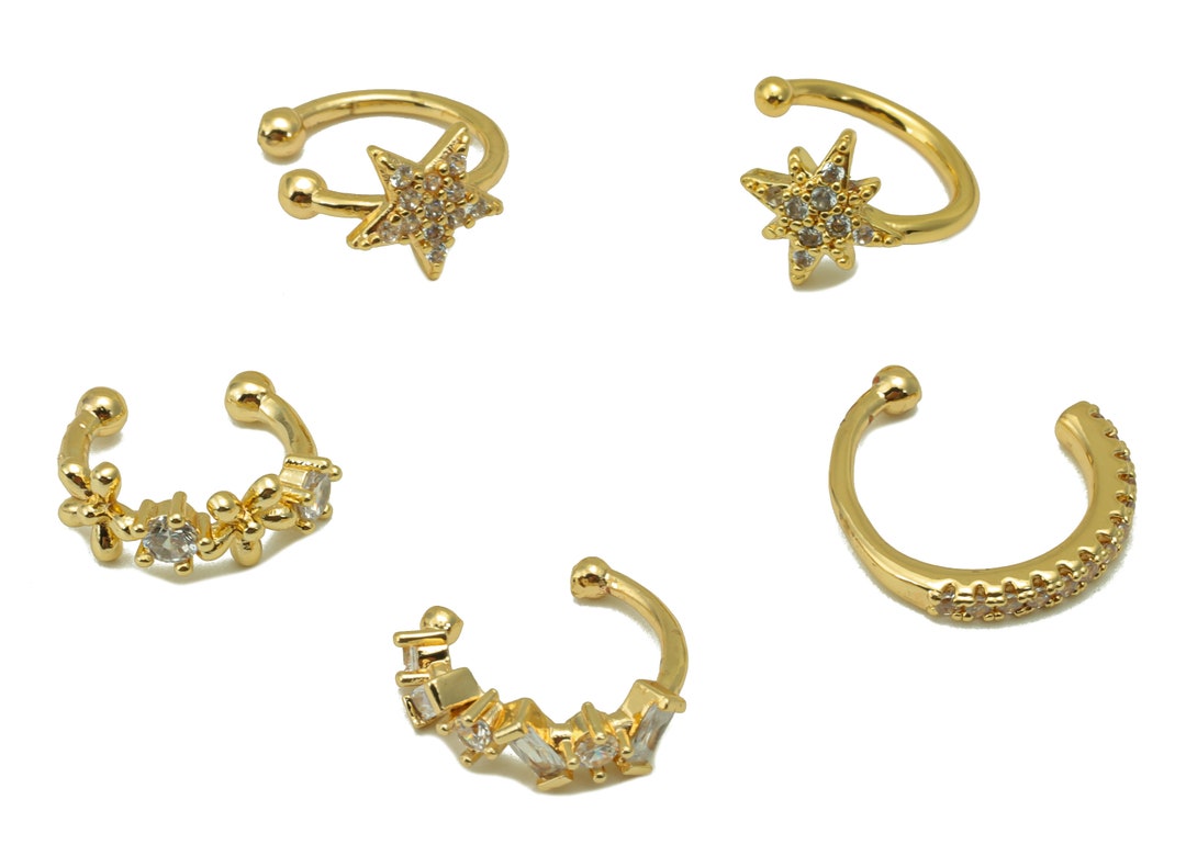 Gold Earring Cuffs, Brass Star Cartilage Earring, Cubic Zircon Curled ...