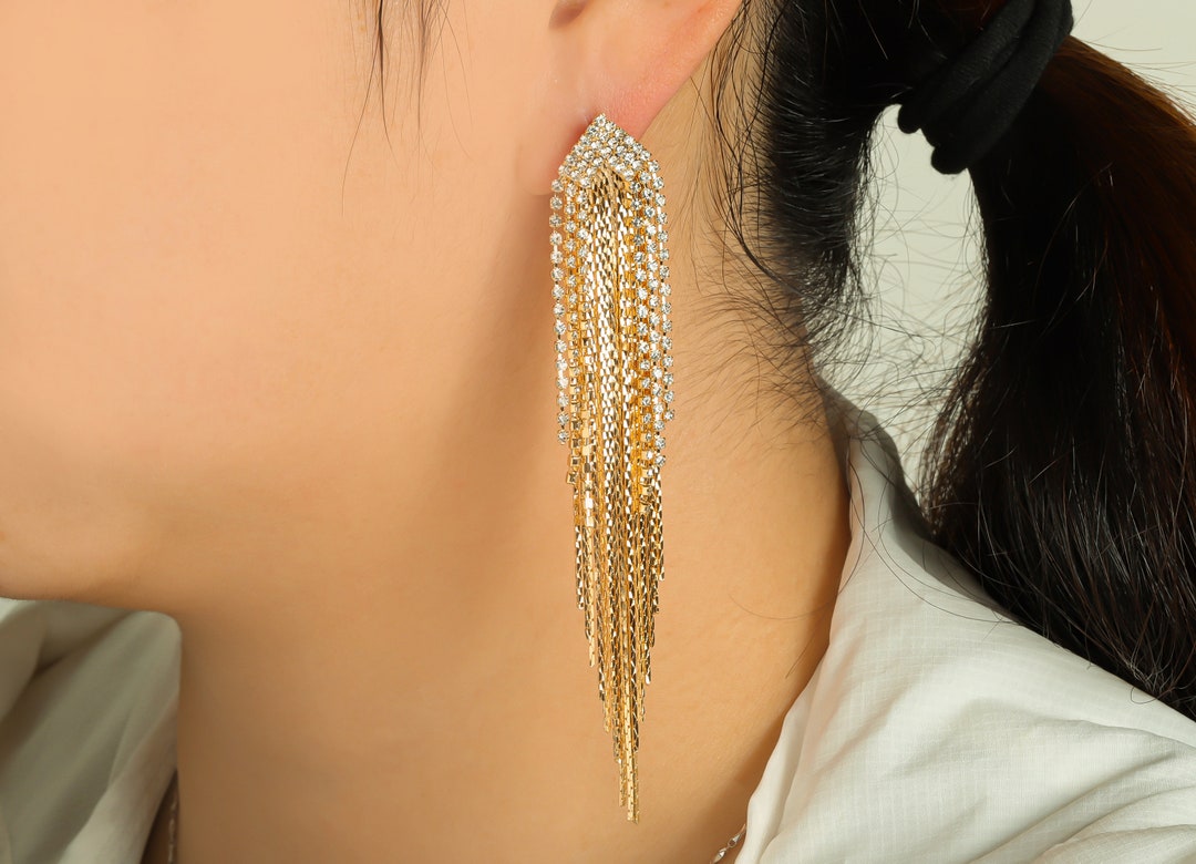 Arrow Tassel Chain Earring, Gold Snake Tassel Chain Earring Post, Cubic ...