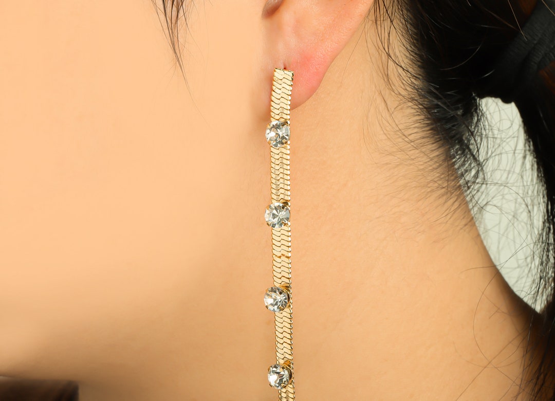 Long Snake Chain Earring, Gold Cubic Zircon Snake Chain Earring Post ...