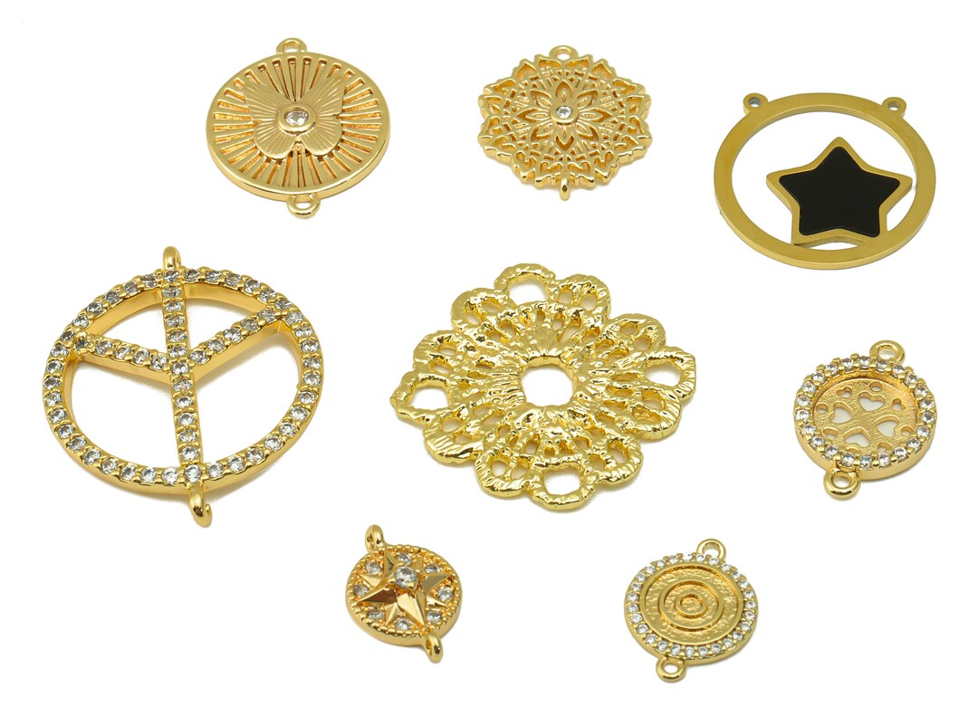 Gold Round Connectors, Brass Star Heart Butterfly Charm, CZ Enamel ...