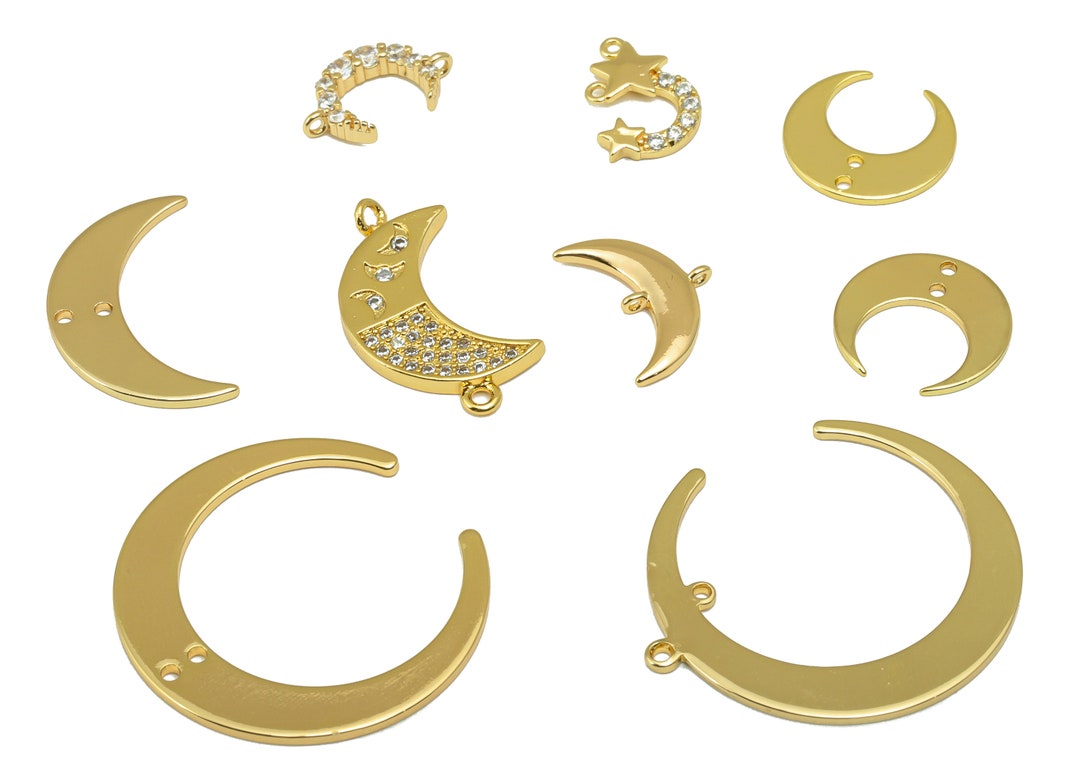 18K Gold Crescent Connector , Brass Moon Star Bracelet Connector With ...