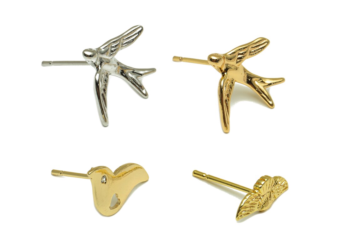 Brass Bird Earring Stud, Gold Swallow Earring Posts, Cubic Zircon Mini ...