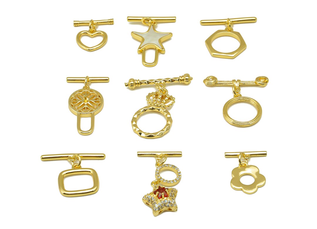 18K Gold Toggle Clasps,brass Square Round Toggle Set , CZ Star Heart ...