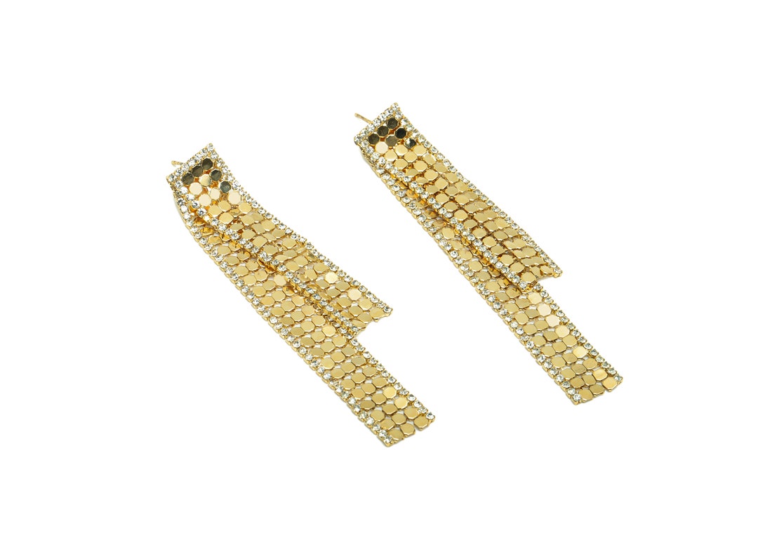 Rectangle Mesh Tassel Earring Stud, Gold Rectangle Soft Mesh Earring ...