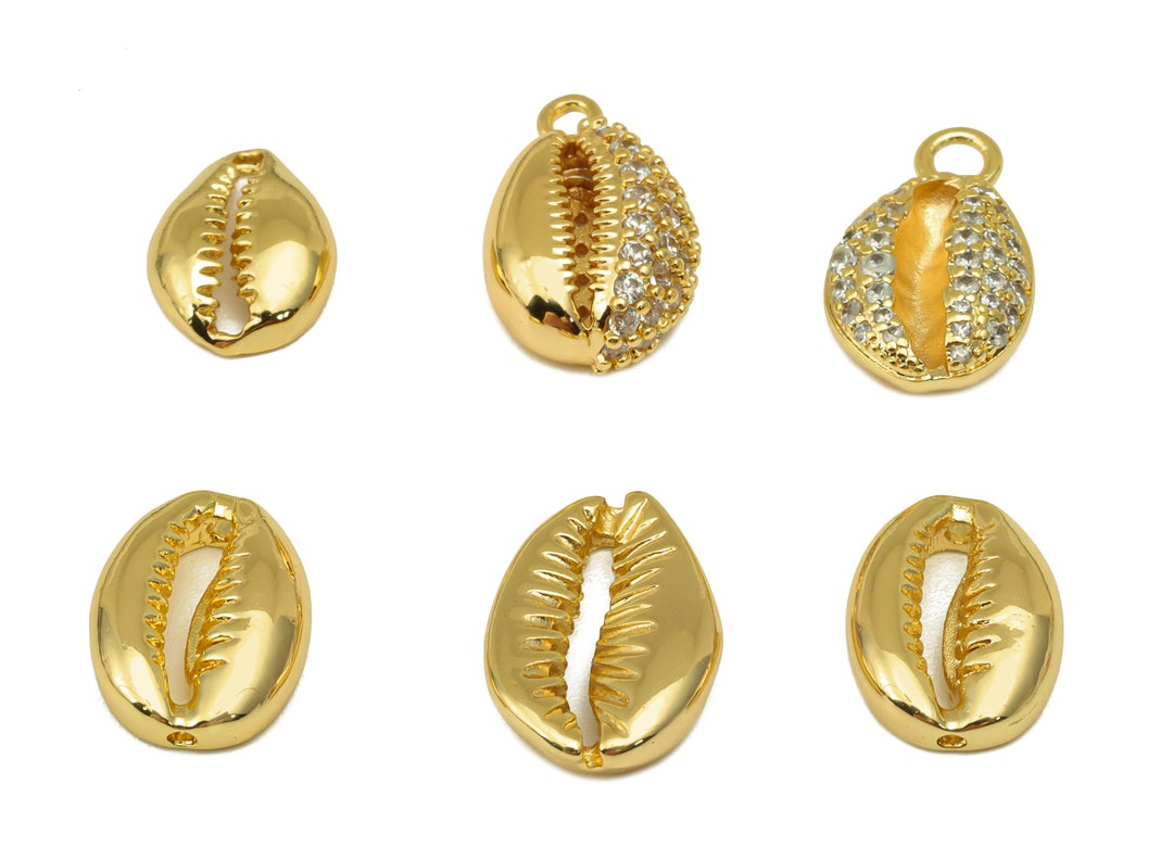 Gold Seashell Charms, Brass Cut Open Mussel Shell, CZ Cowrie Earring ...