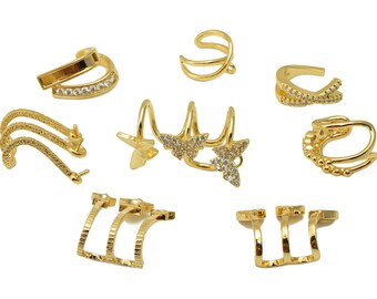 Brass Crown Open Round C Ring Hoop Ear Clip With Zircon Huggie Earring Cuff 18K Real Gold ...