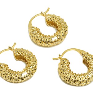 Gold Knit Hoop Earring, Brass Thick Round Hinged Back Earring, Hammered ...