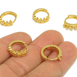 Gold Crown Huggie Hoop Earring, Brass Round Minimalist Earrings, Cubic ...