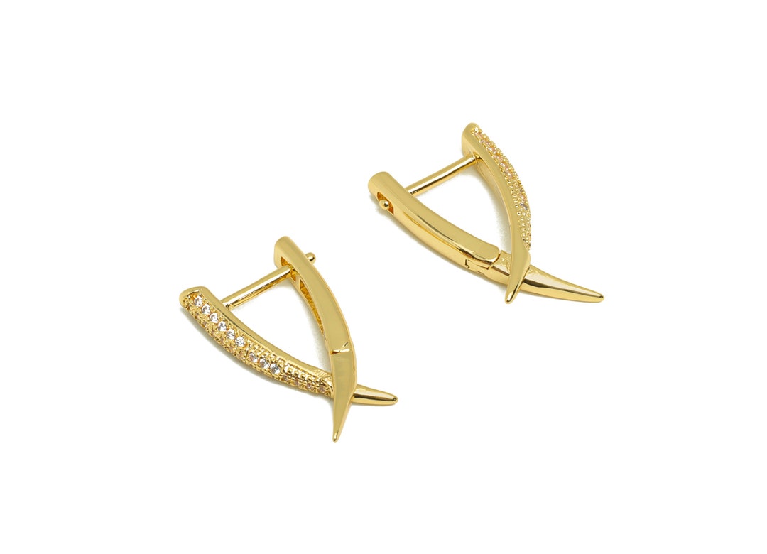 Gold Spikes Ear Jacket, Brass Triangle Huggie Hoop Earring Clasp, Cubic ...