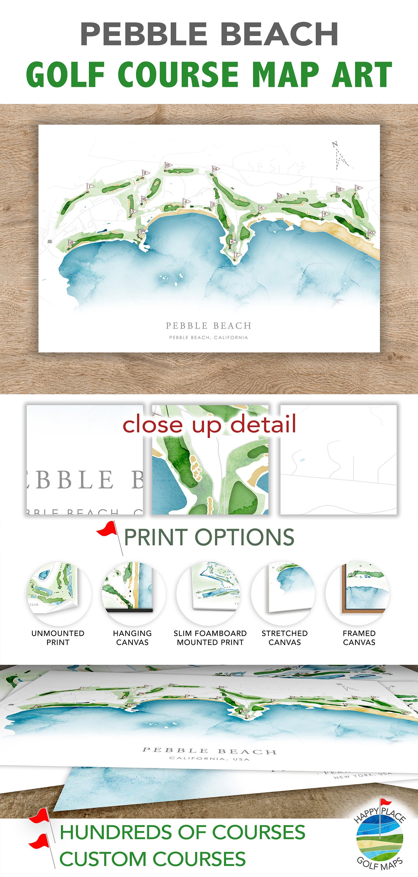 Pebble Beach Golf Course Map, Watercolor Style Golf Layout of Course ...