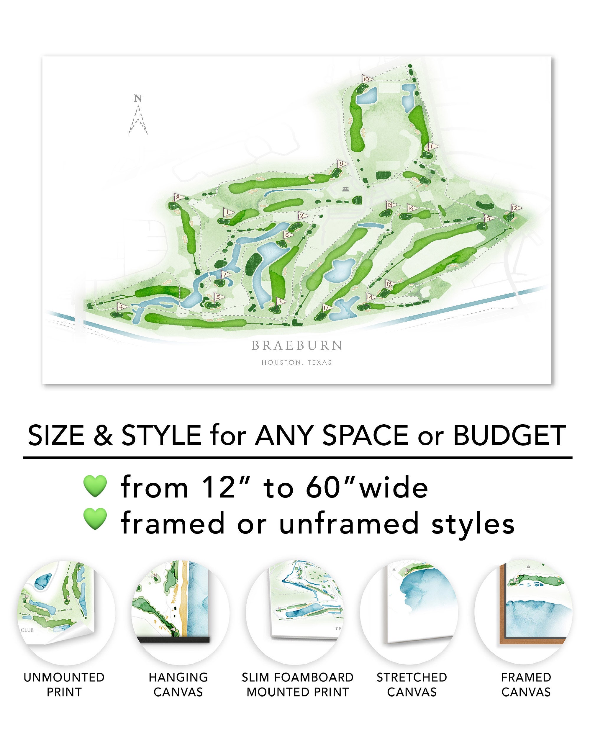 Braeburn Golf Course Map Layout, Texas Golfer Gift, Golf Print for ...