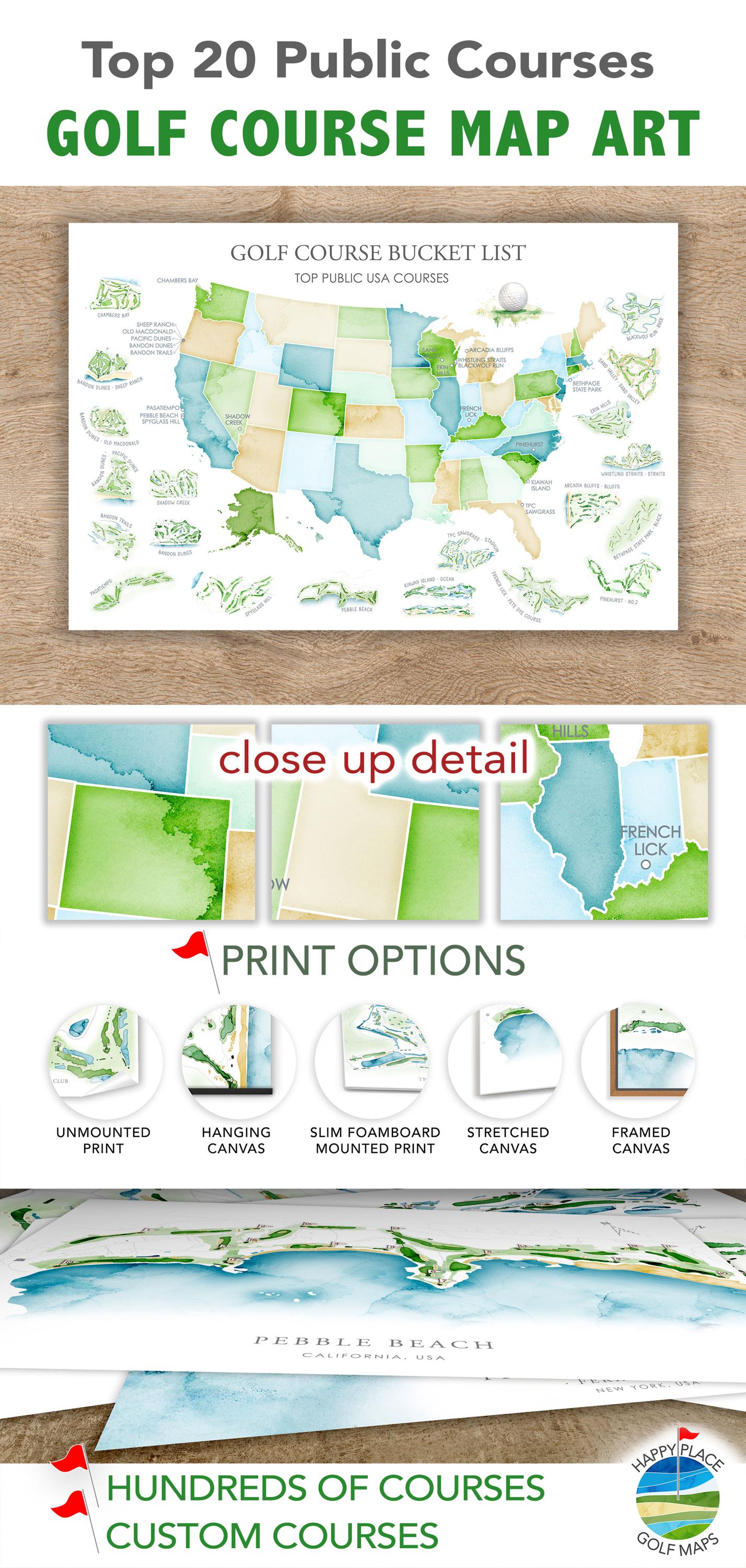 USA Map of Top Public Golf Courses, Add a Name for a Personalized Golf ...