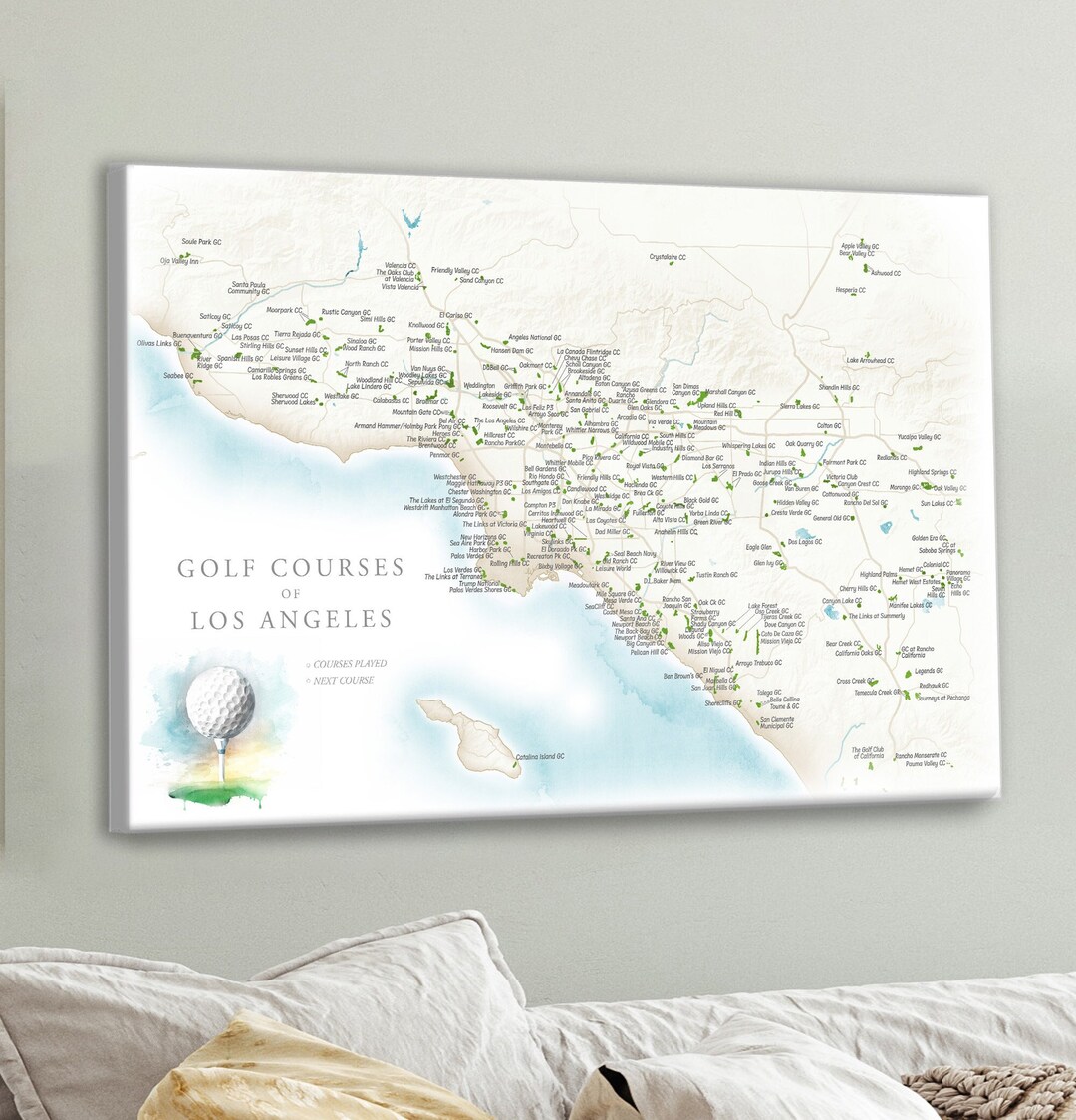 Map of Los Angeles Golf Courses, LA Golfing Print, Pinmap of California ...