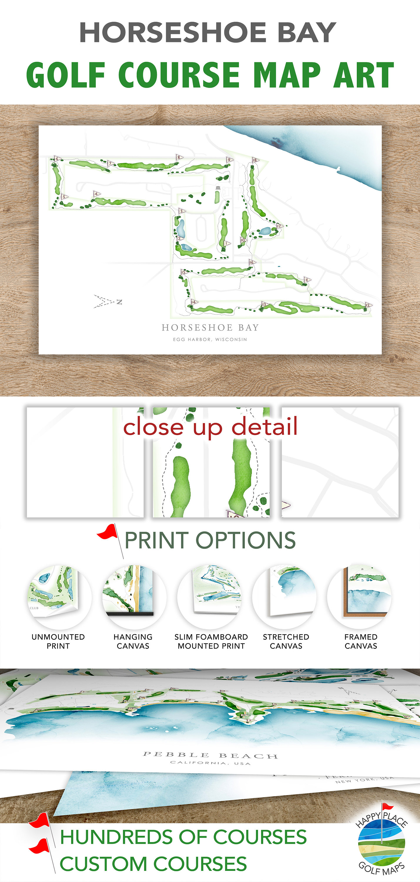 Horseshoe Bay Golf Course Map, Wisconsin Golfer Gift of Golf Map ...
