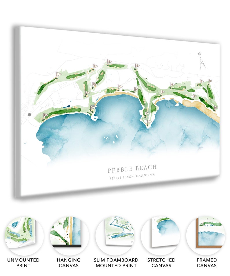 Pebble Beach Golf Course Map, Watercolor Style Golf Layout of Course ...