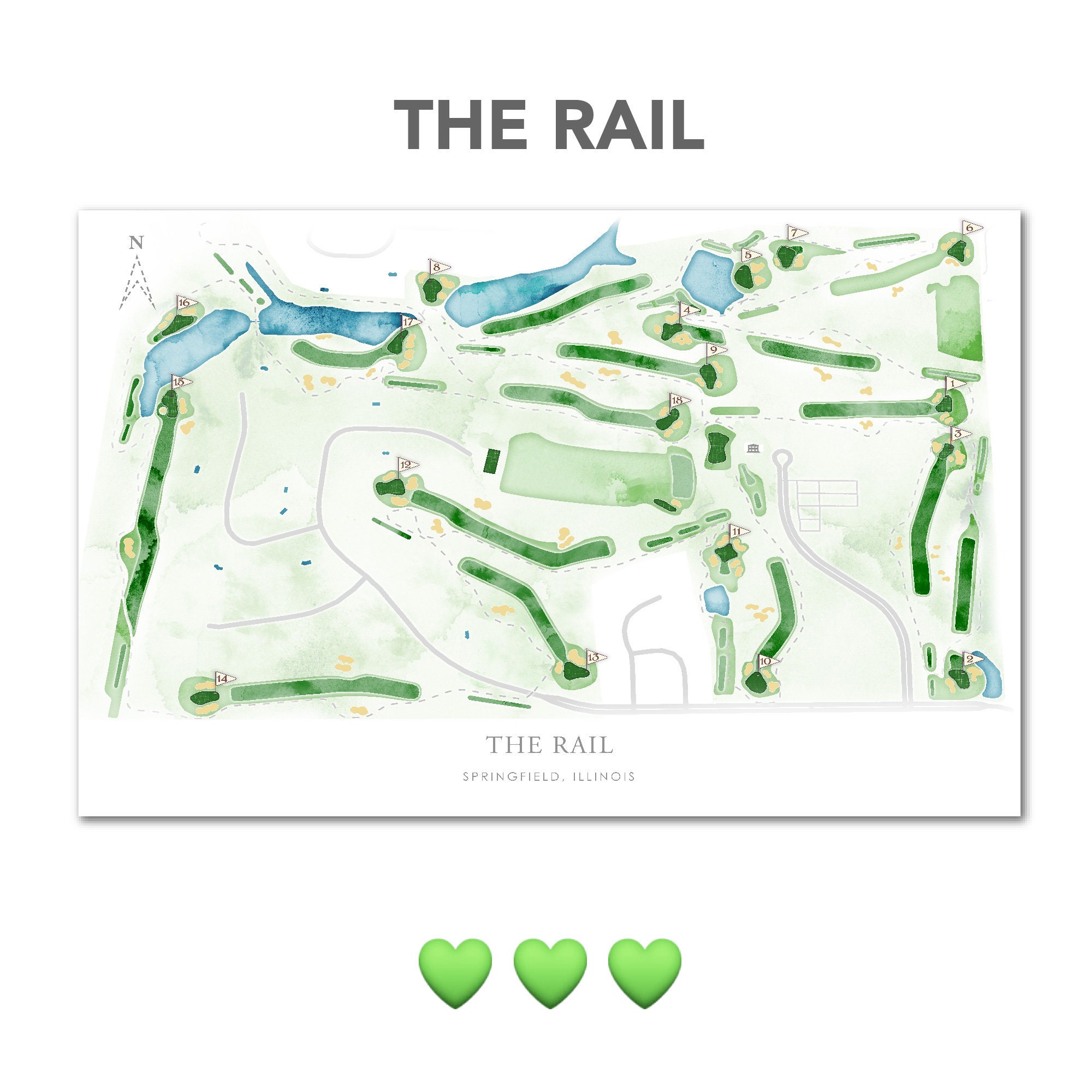 The Rail Golf Course Map, Illinois Golfer, Watercolor Print of Map of ...