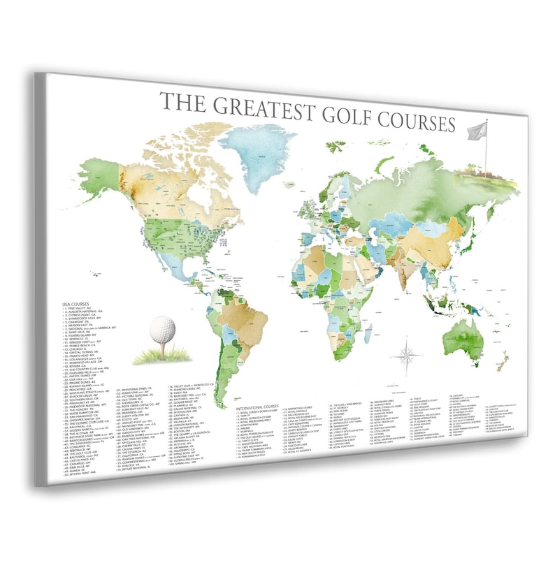 Top Golf Courses World Map, Best Golf in USA and Countries, Ultimate Gift for Golfer, Wall Art ...