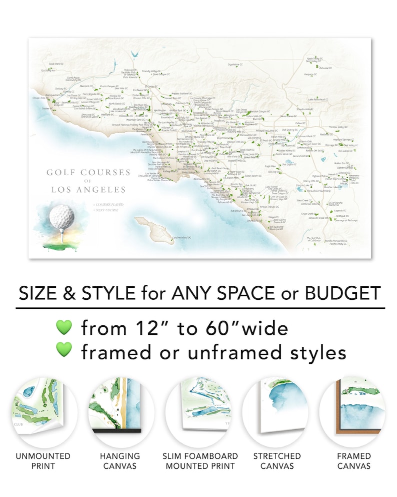 Map of Los Angeles Golf Courses, LA Golfing Print, Pinmap of California ...