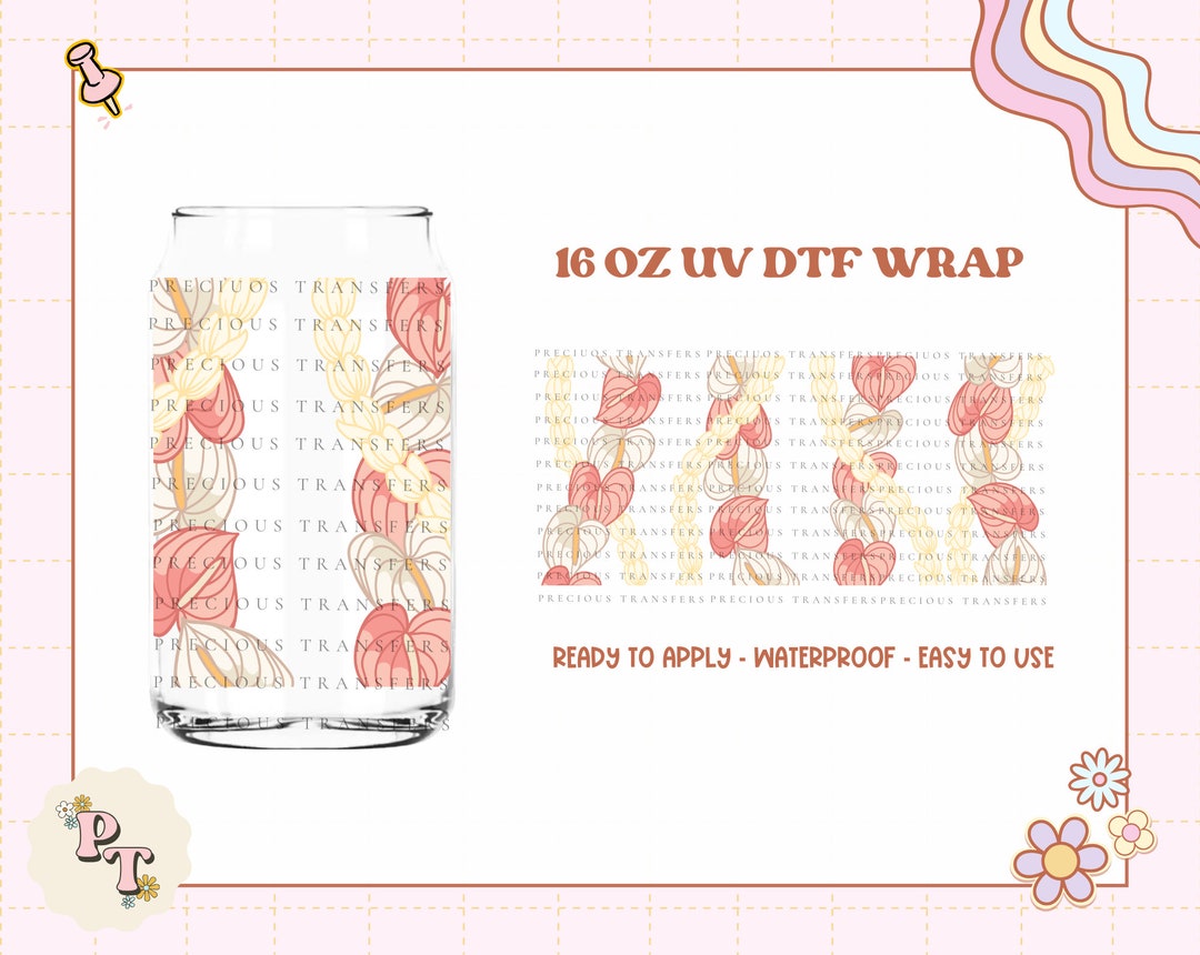 Pink Anthurium Pikakelei 16oz Libbey UV DTF Glass Can Wrap Ready to ...