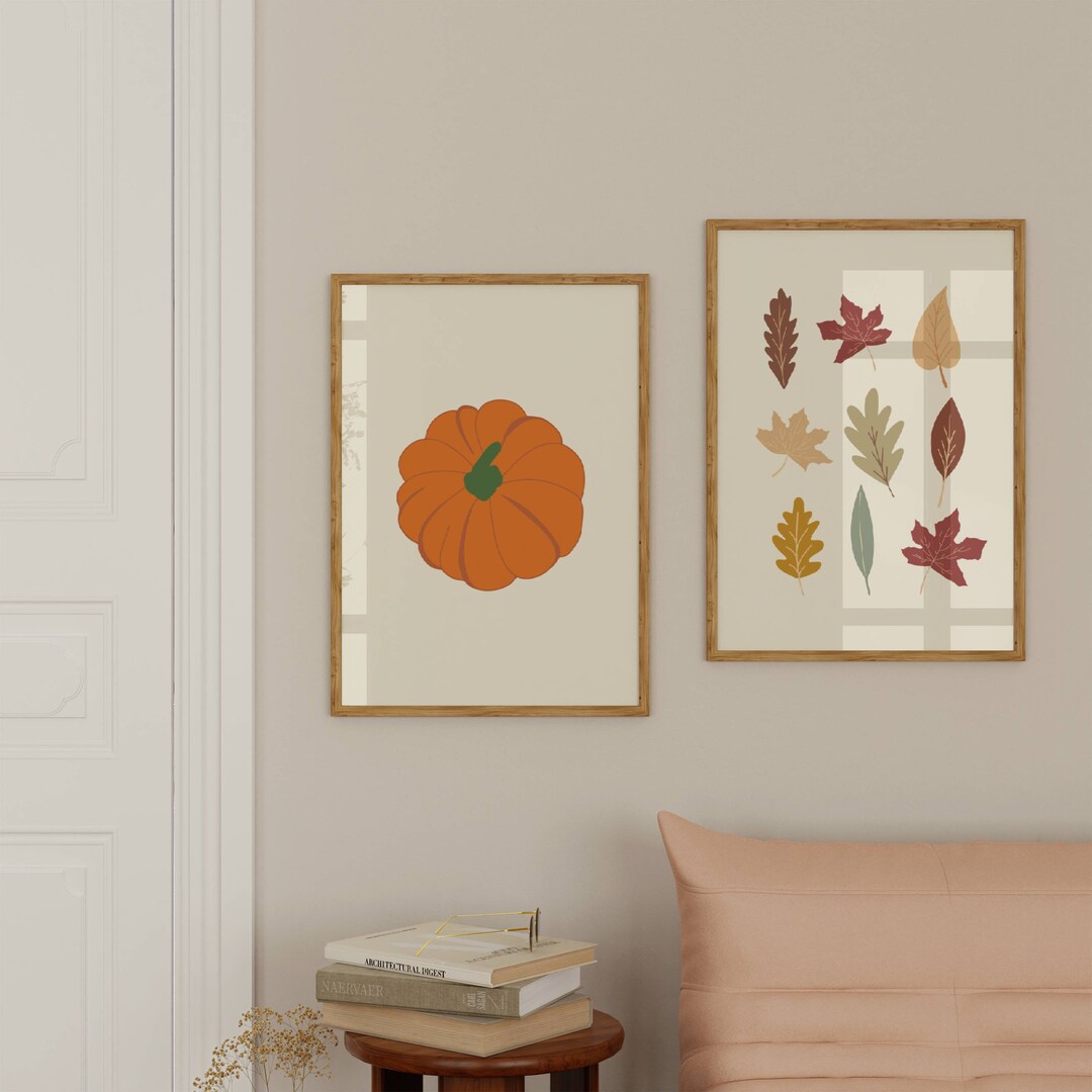 Pumpkin Art Print Fall Leaves Poster Poster Set of 2 Colourful Leaves ...