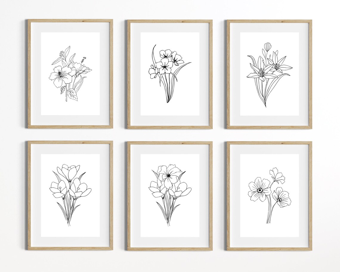 Vintage Flower Sketch Posters Printable Poster Set of 6 Handdrawn ...