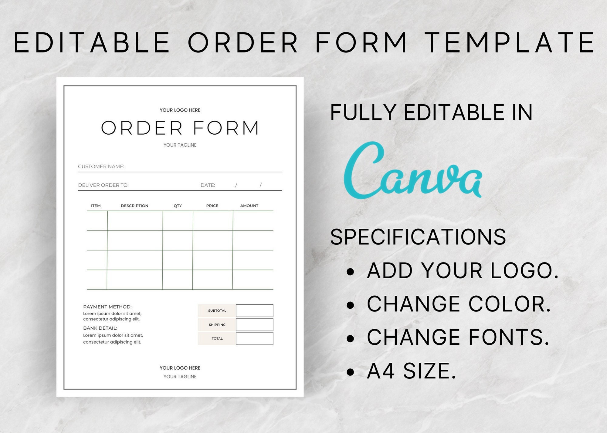 Minimalist Canva Editable Order Form Templateorder Form for Small ...