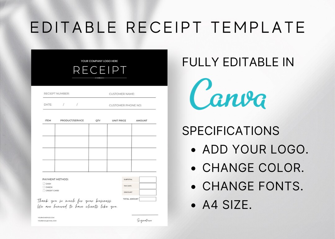 Canva Printable Customizable Receipt Templatesmall Business Digital ...