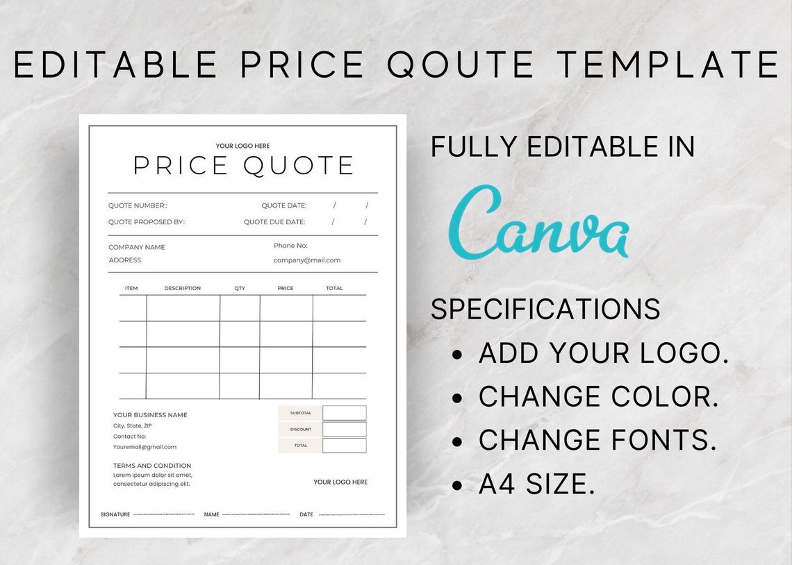 Canva Printable Price Quote Templatesmall Business Templateprice Quote ...